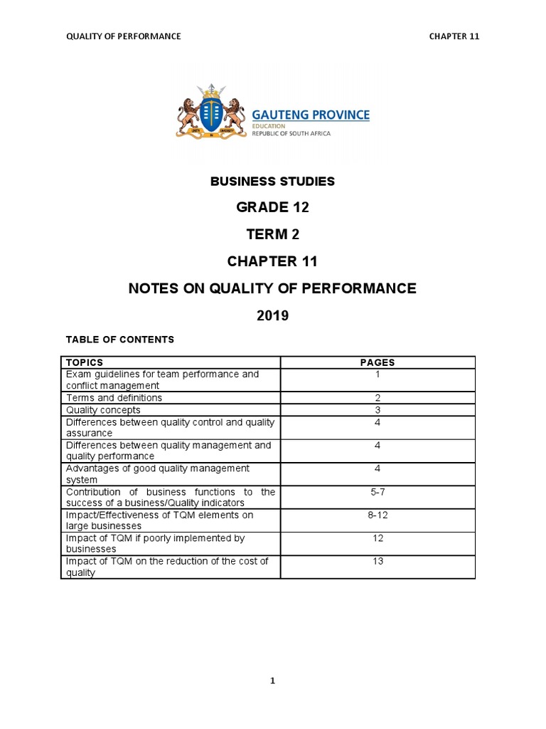 Chapter 11 Business Studies Grade 12 Notes On Quality of Performance ...