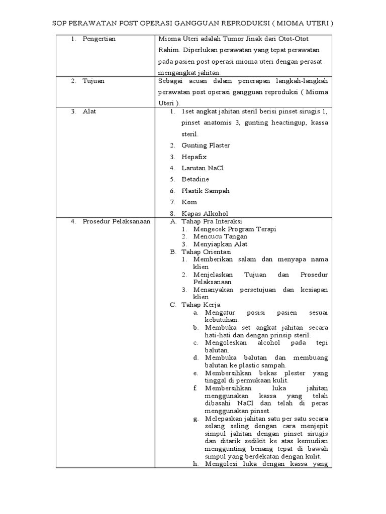 SOP Perawatan Post Op Gangguan Reproduksi Kel-4 | PDF