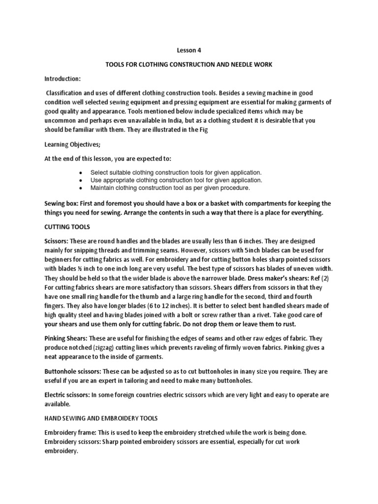 Lesson 4 Clothing Construction Tools | PDF | Scissors | Sewing