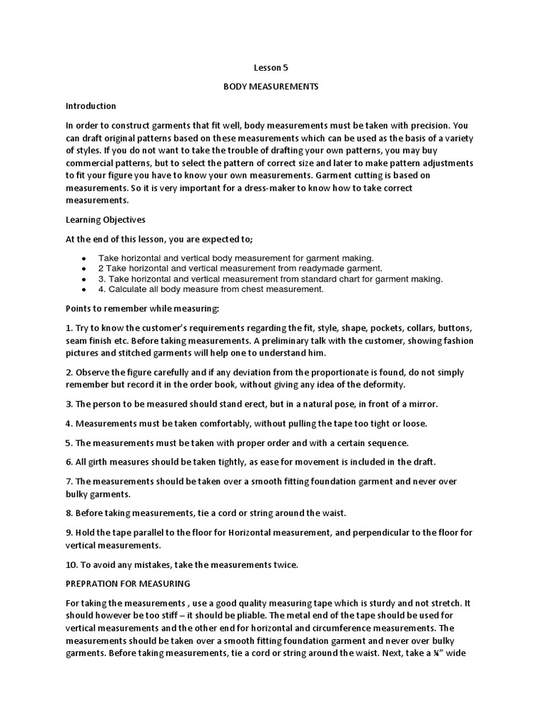Lesson 5 Clothing Construction | PDF | Waist | Arm