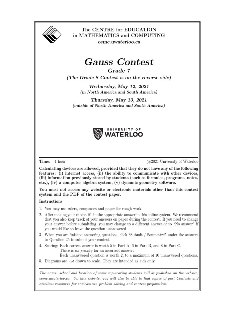 Gauss Contest: Grade 7 | PDF | Numbers | Mathematics