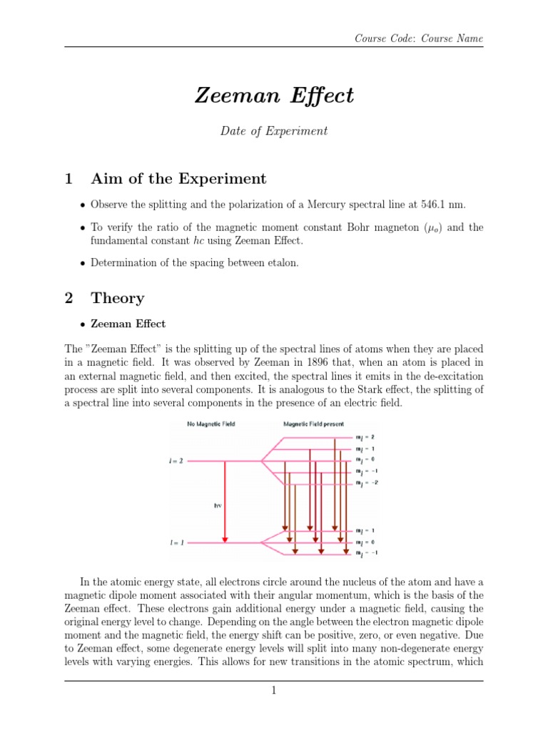 Zeeman Effect: 1 Aim of The Experiment | PDF | Atomic Orbital | Electron