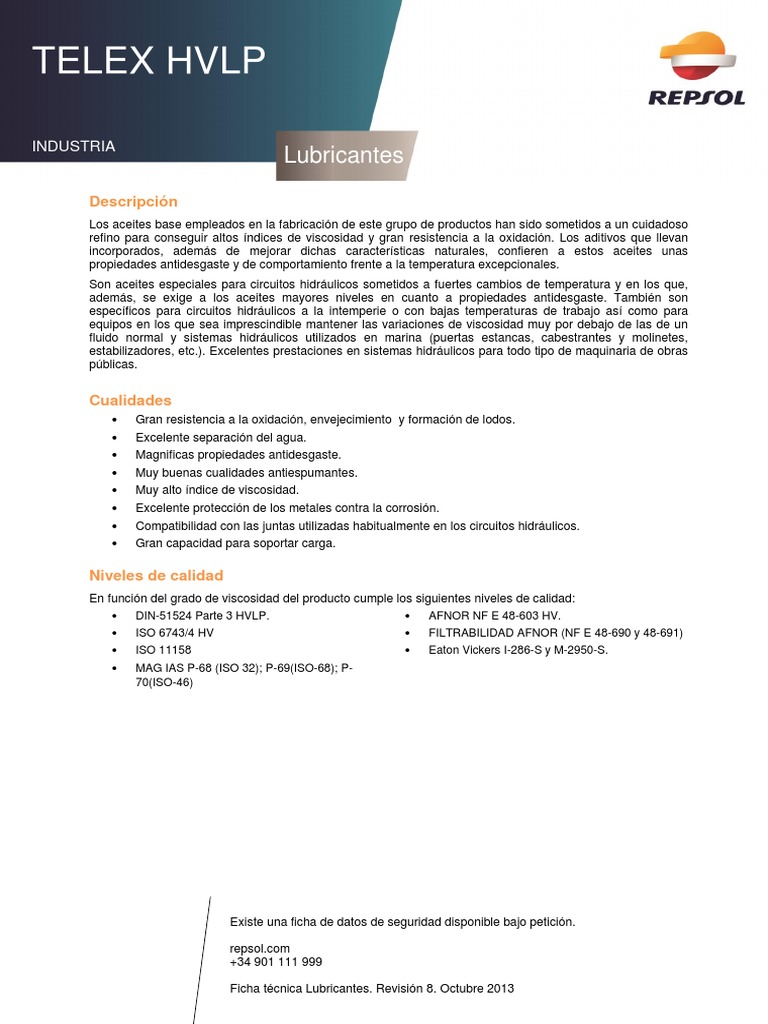 Ficha Tecnica Aceite HVLP 68 Repsol | PDF | Ingeniería de Edificación ...