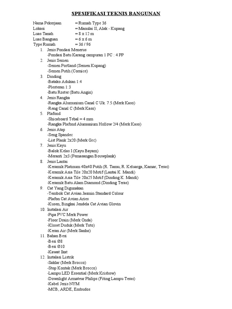 Spesifikasi Teknis Bangunan | PDF | Griya & Taman | Teknologi & Rekayasa