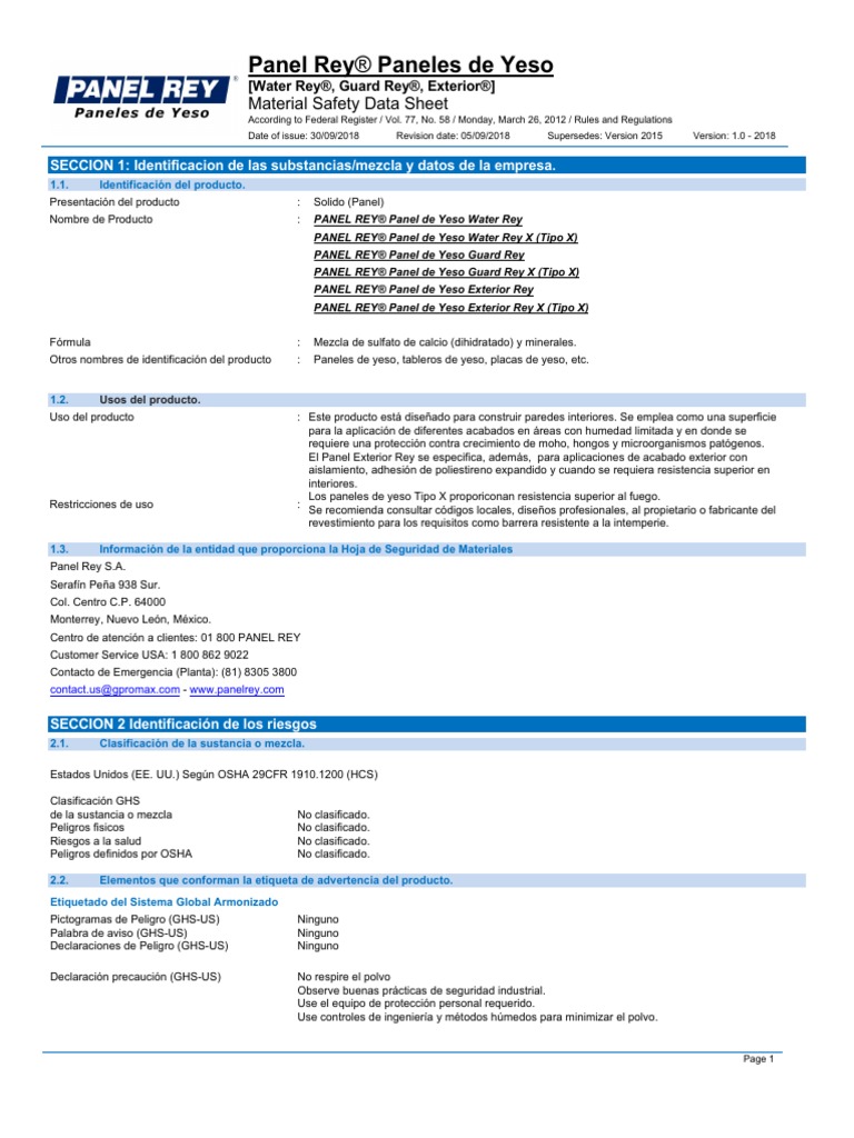 MSDS Panel Rey - 18 - Panel de Yeso - Water Guard Exterior | PDF | Yeso | Toxicidad