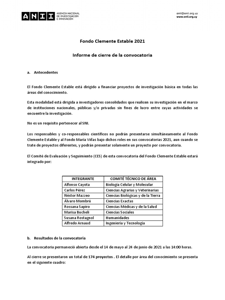Informe Cierre Postulacion Fondo Clemente Estable 2021 v1 Final 20210625 | PDF | Uruguay | Biología