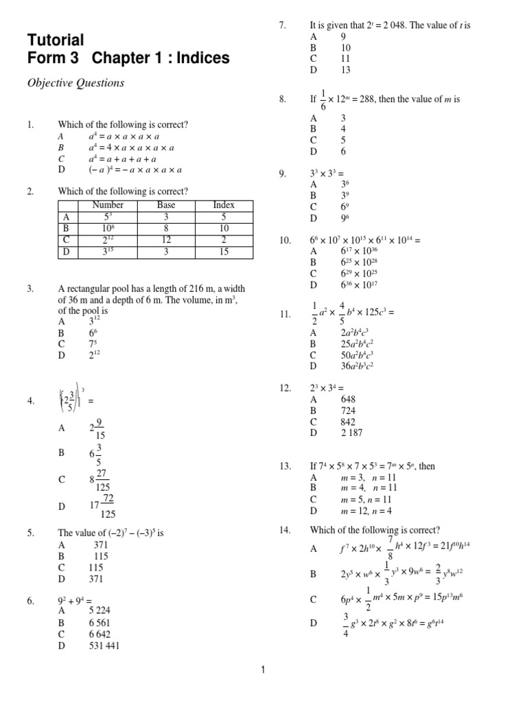 Form 3 Chapter 1 : Indices Tutorial Objective Questions | PDF | Length | Distance