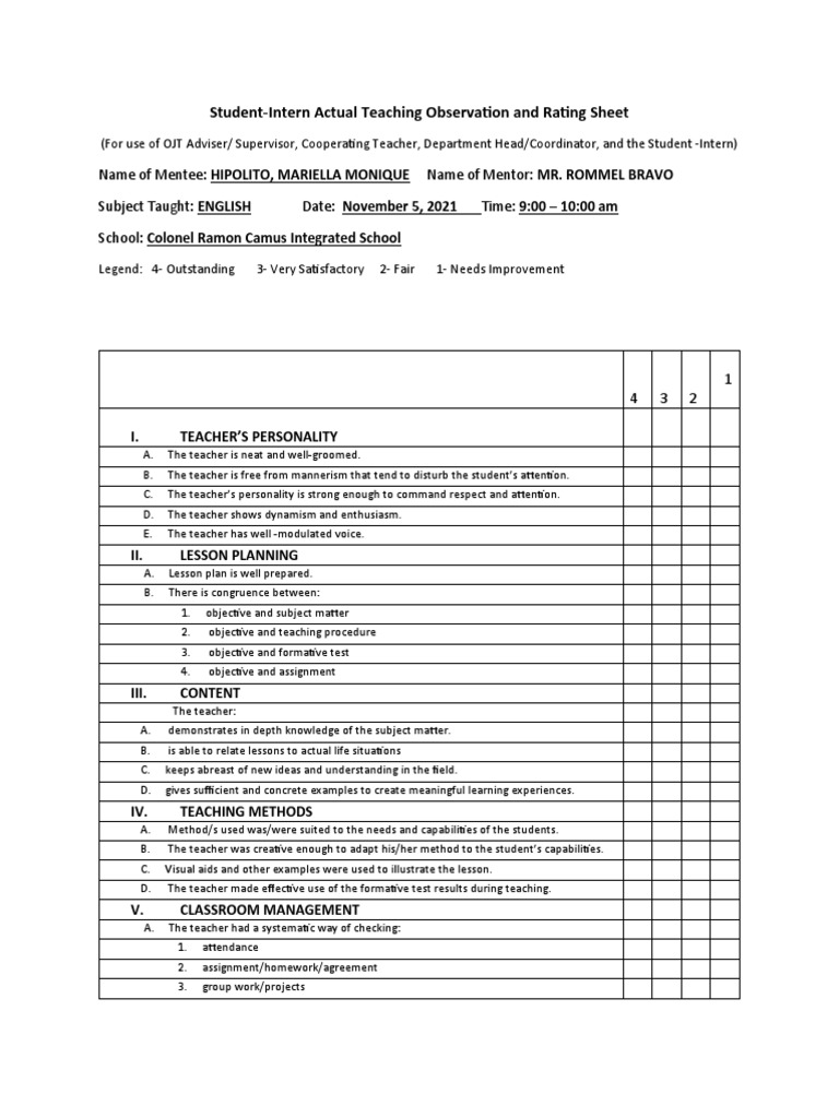 Student Intern Teaching Observation Rating Sheet | PDF | Teachers ...