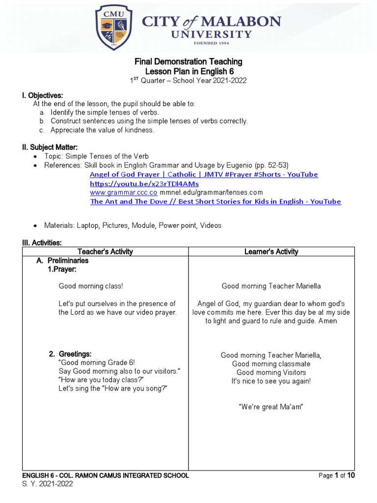 Final Demonstration Teaching Lesson Plan in English 6 | PDF ...