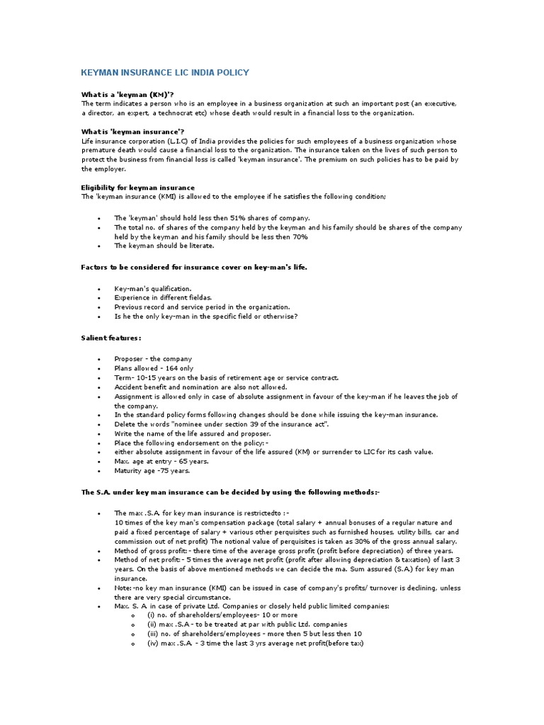 Keyman Insurance Policy Overview | PDF | Insurance | Employment