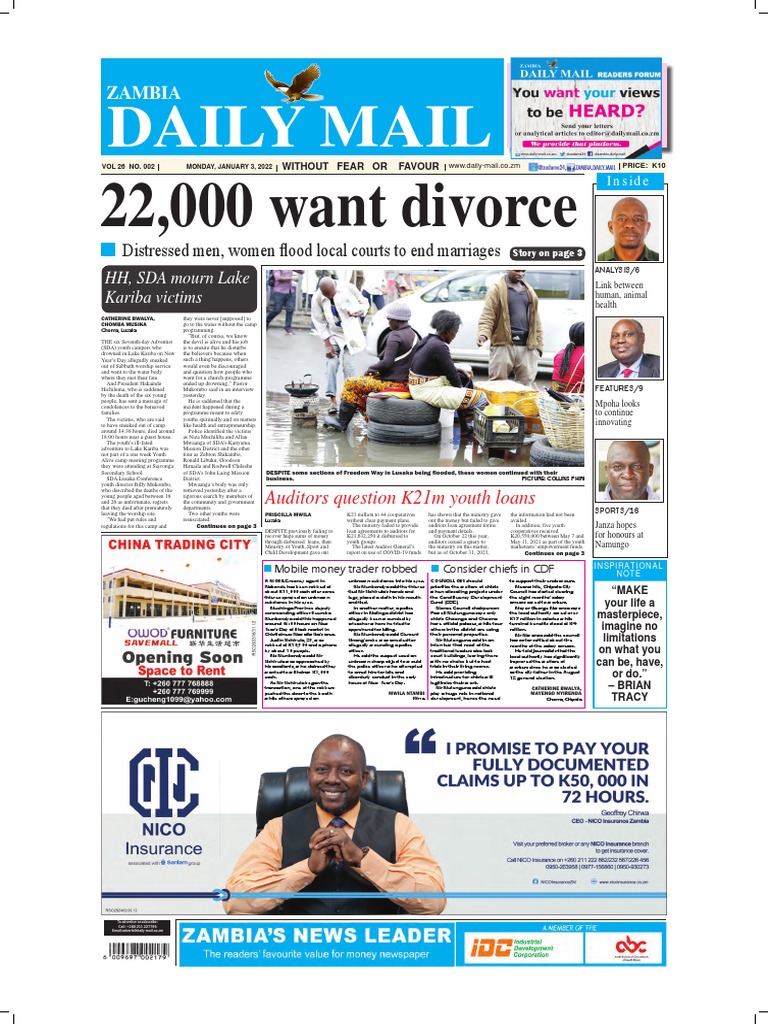 Zambia Daily Mail Monday January 3 2022 Pdf Test Assessment Marriage