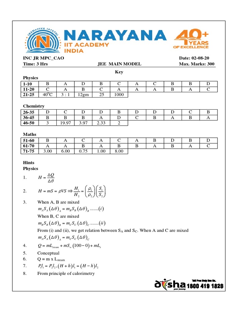 JEE Main Model Answer Key | PDF | Physics | Mathematical Objects