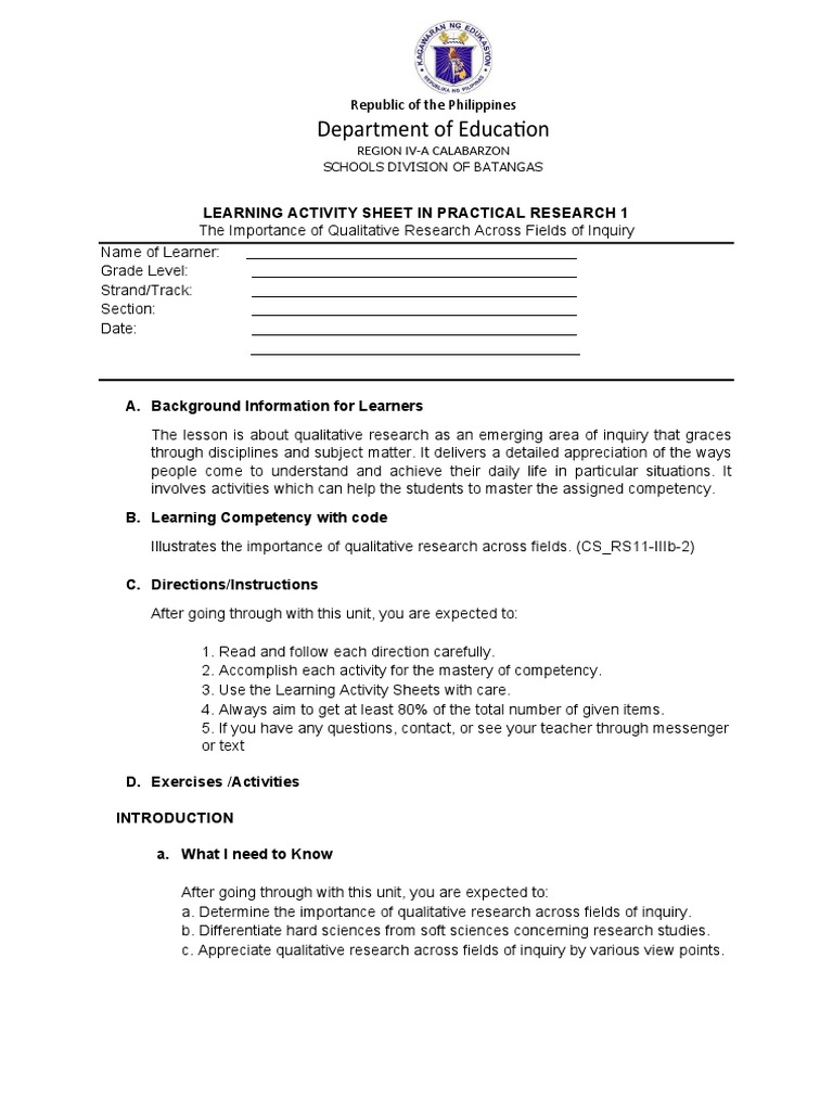 LEARNING ACTIVITY SHEET IN PRACTICAL RESEARCH 1 WEEk 7 | PDF | Science ...