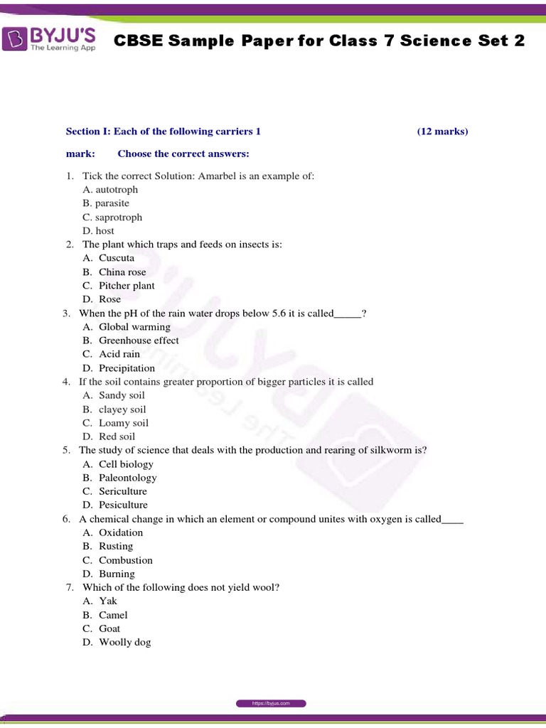 CBSE Sample Paper Class 7 Science Set 2 | PDF | Soil | Plants