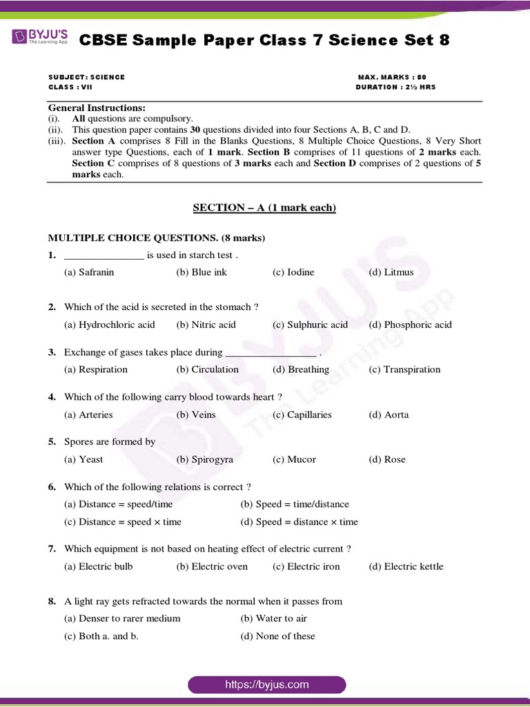 CBSE Sample Paper Class 7 Science Set 8 | PDF | Circulatory System ...