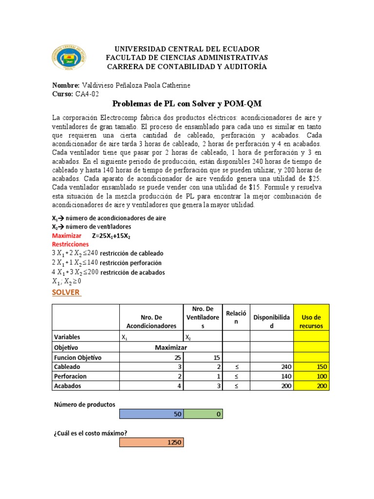 Problemas de PL Con Solver y POM-QM Valdivieso Paola | PDF | Economias