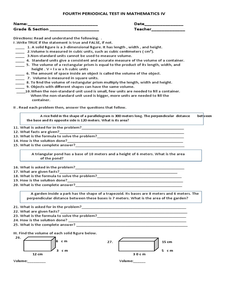 Fourth Periodical Test in Mathematics IV | PDF | Volume | Area