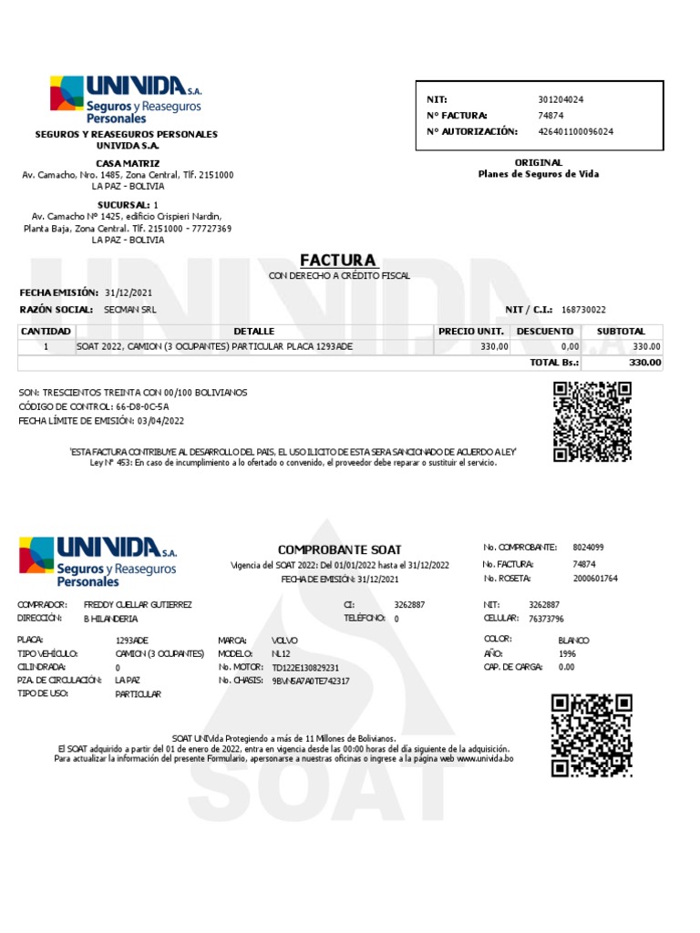 Comprobante SOAT 2022 - Univida | PDF