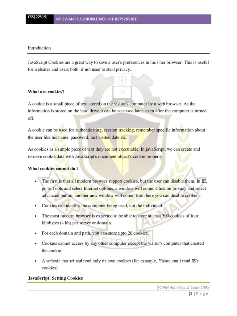 What Are Cookies?: CSS (22519) MR - SWAMI R.S. (MOBILE NO:-+91-8275265361) | PDF | Http Cookie ...