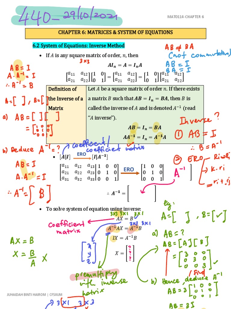 Matrix Inverses & Equations | PDF | Matrix (Mathematics) | Applied ...