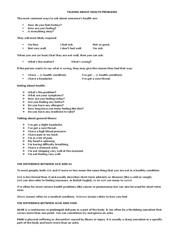 Talking About Health Problems | PDF | Pain | Influenza