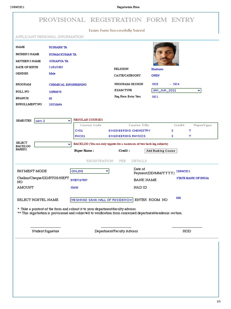 Provisional Registration Form Entry: Applicant Personal Information | PDF