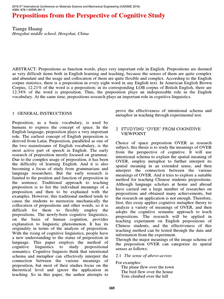 Prepositions From The Perspective of Cognitive Study: Tiange Huang | PDF | Linguistics | Metaphor