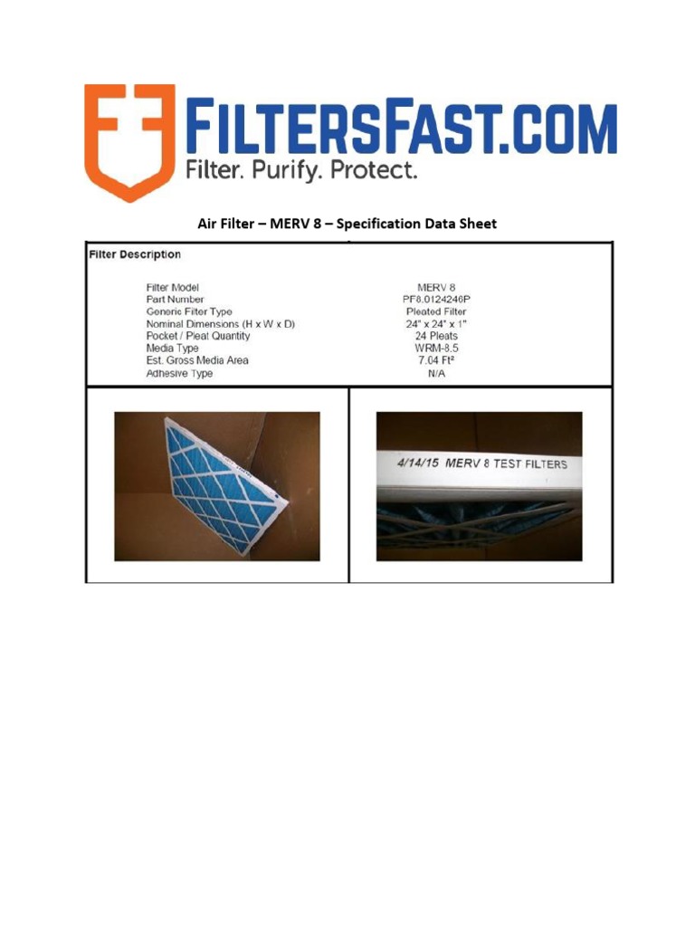 Air Filter - MERV 8 - Specification Data Sheet | PDF