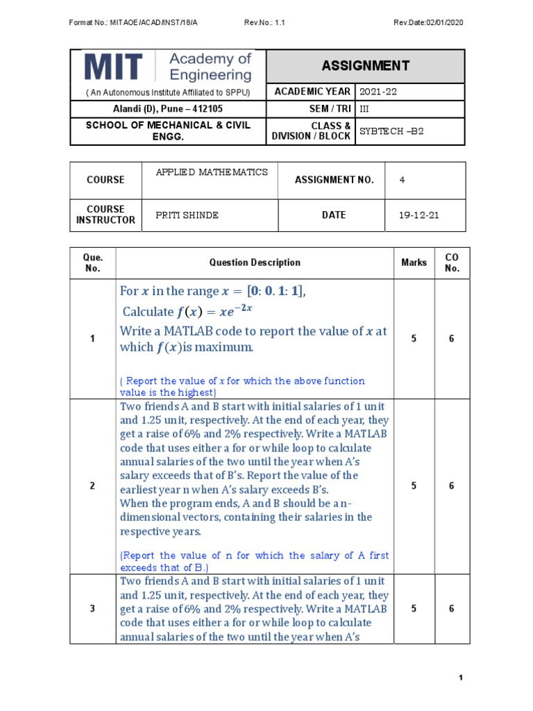 Solving Numerical Problems Using Matlab Code Assignment On Functions Loops And Plotting 5144