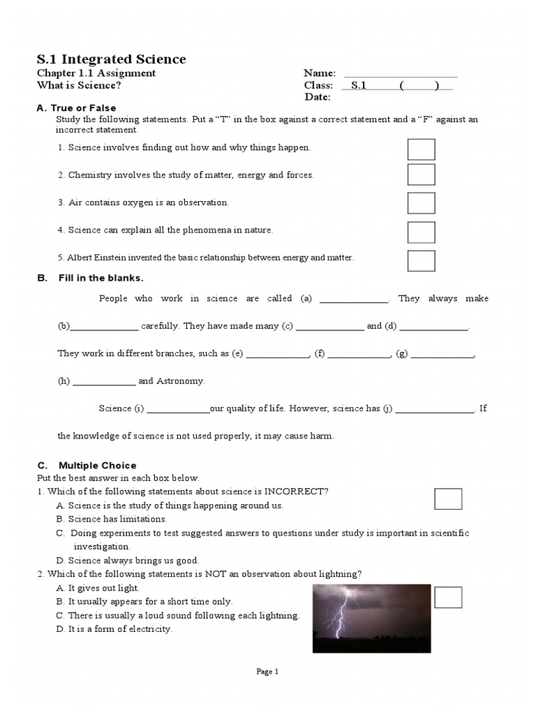 S.1 Integrated Science: Chapter 1.1 Assignment Name: What Is Science ...