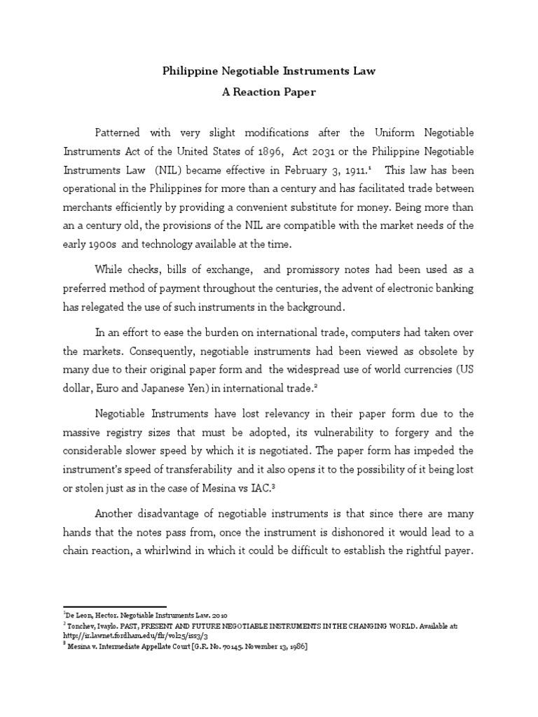 Nego Reaction Paper | Download Free PDF | Negotiable Instrument | Banks