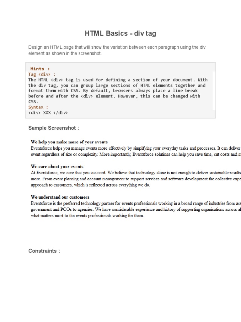 HTML Basics - Div Tag: Hints | PDF | Html Element | Html