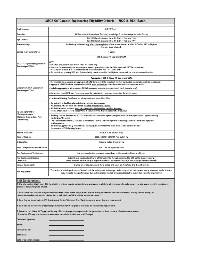 MEGA Off-Campus Eligibility Criteria & Self-Declaration - Engineering ...