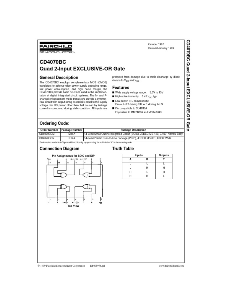 CD4070BC Quad 2-Input EXCLUSIVE-OR Gate: General Description Features ...