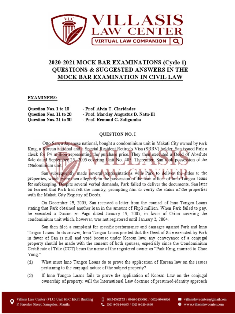 2020-2021 MOCK BAR EXAMINATIONS (Cycle 1) Questions & Suggested Answers ...