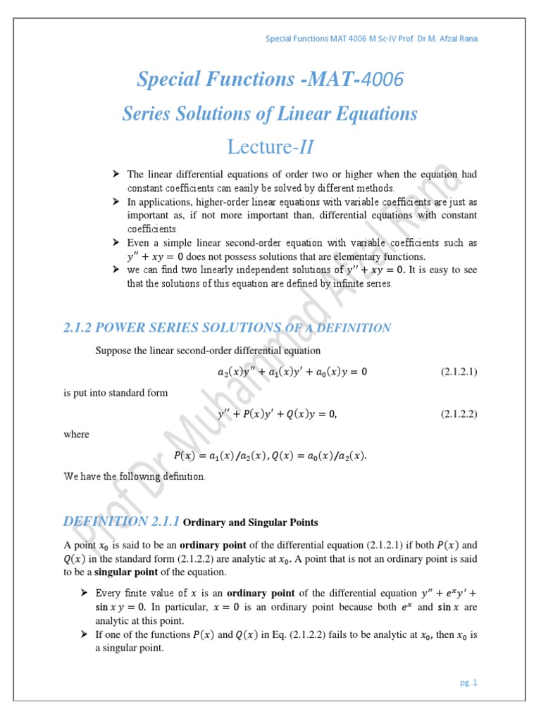 2-Lecture-Special Functions MAT - M Sc-IV | PDF | Equations ...