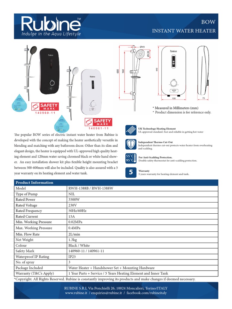 RWH-1388B - RWH-1388W - Product Spec Sheet | PDF | Water Heating ...