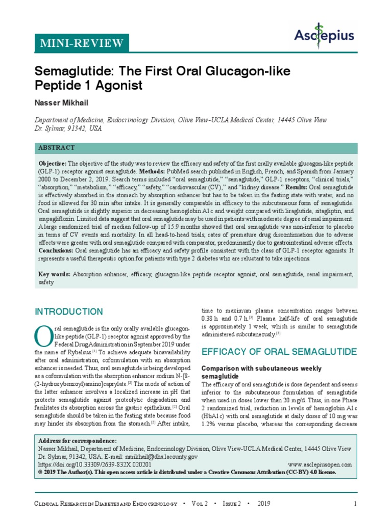 Semaglutide: The First Oral Glucagon-Like Peptide 1 Agonist | PDF ...