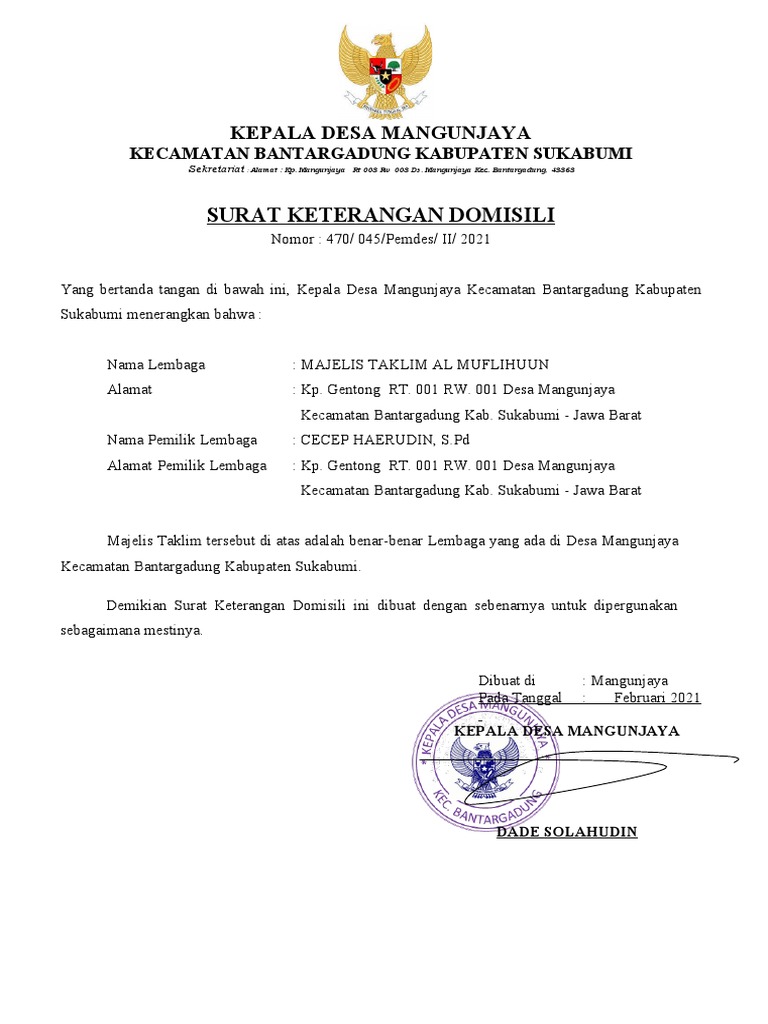 Surat Keterangan Domisili Majelis Taklim Al Muflihuun | PDF