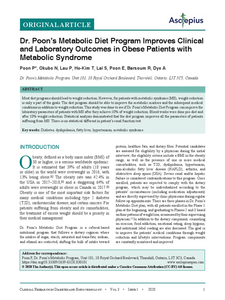 Dr. Poon's Metabolic Diet Program Improves Clinical and Laboratory Outcomes in Obese Patients ...