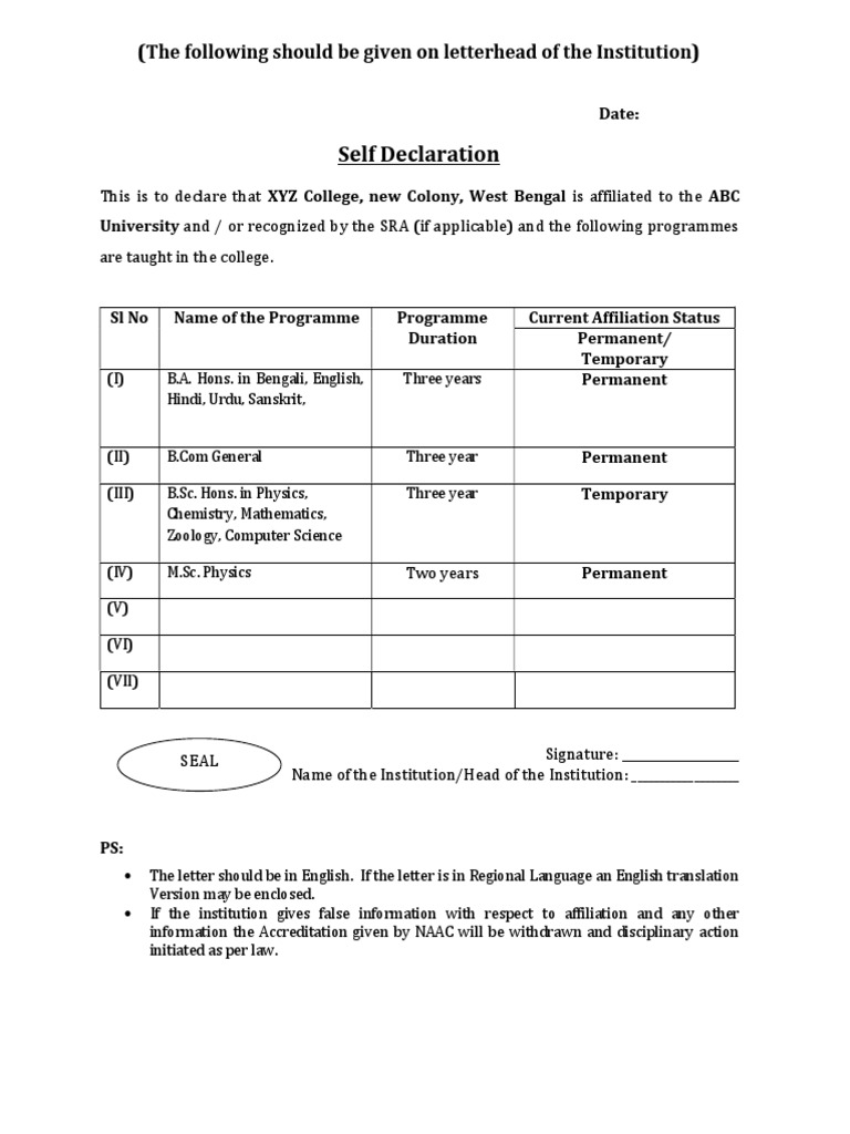Self Declaration: (The Following Should Be Given On Letterhead of The ...