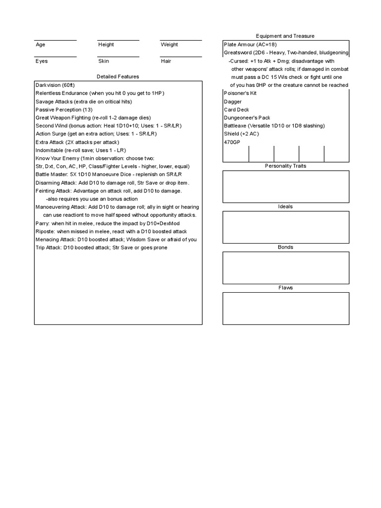 Blank Character Sheet - Details and Equipment | PDF