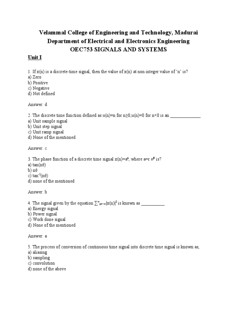 DSP MCQ With Answer-Unit I | PDF | Discrete Time And Continuous Time | Sampling (Signal Processing)