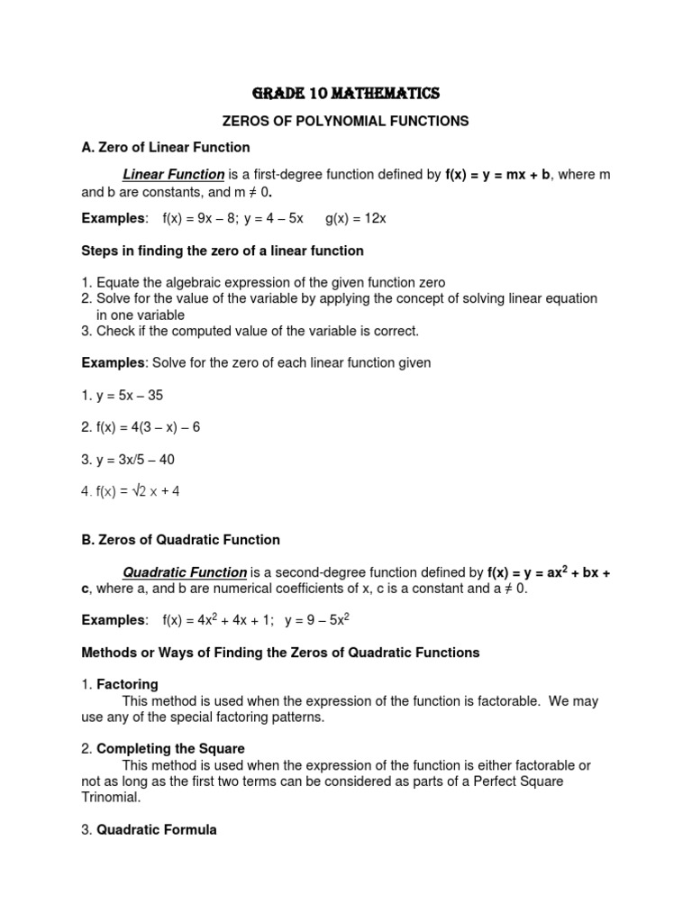 Grade 10 Mathematics Linear Function Is A First Degree Function