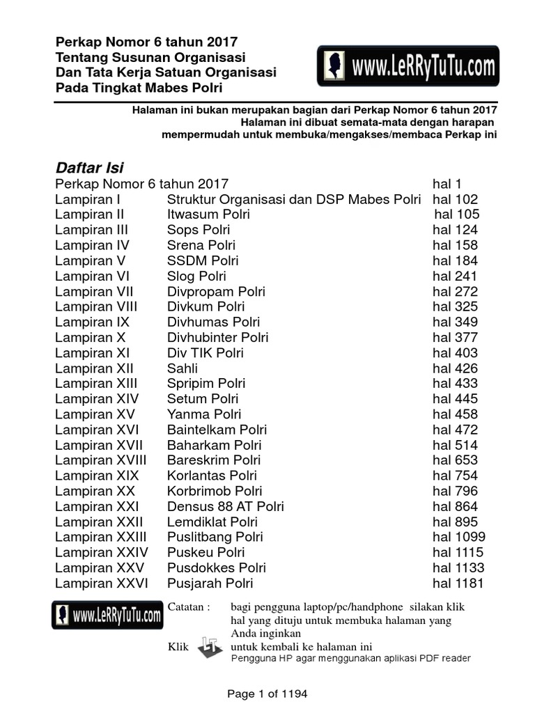 Perkap Nomor 6 Tahun 2017 Tentang Sotk Mabes Polri | PDF
