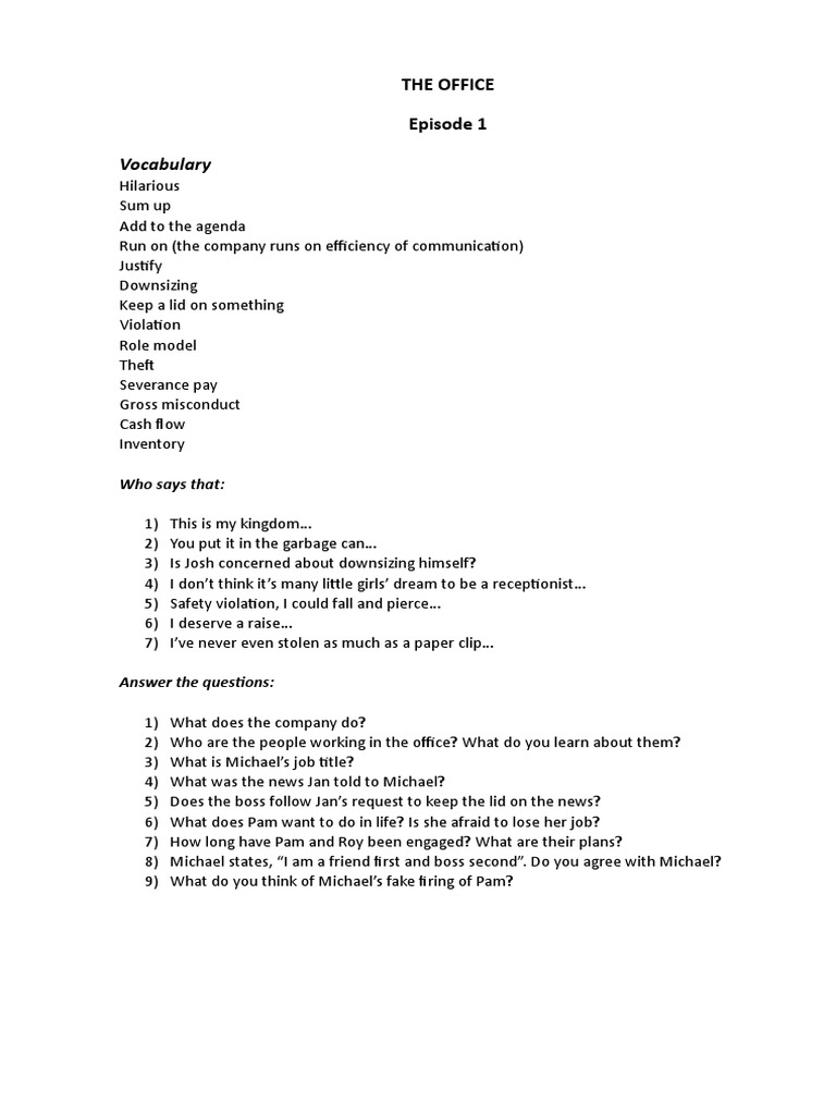 Vocabulary: The Office Episode 1 | PDF