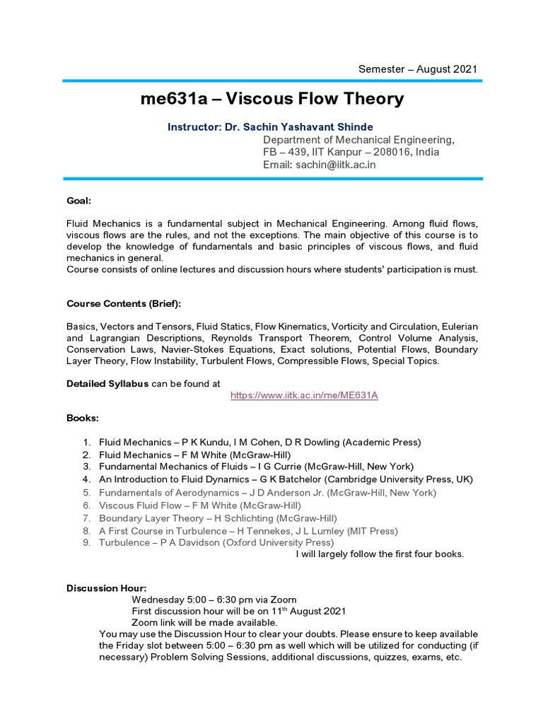 ME631A-Viscous Flow Theory-FCH-SYS | PDF | Fluid Dynamics | Navier–Stokes Equations