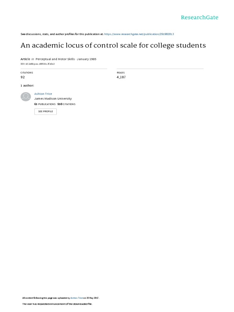 An Academic Locus of Control Scale For College Students: Perceptual and ...