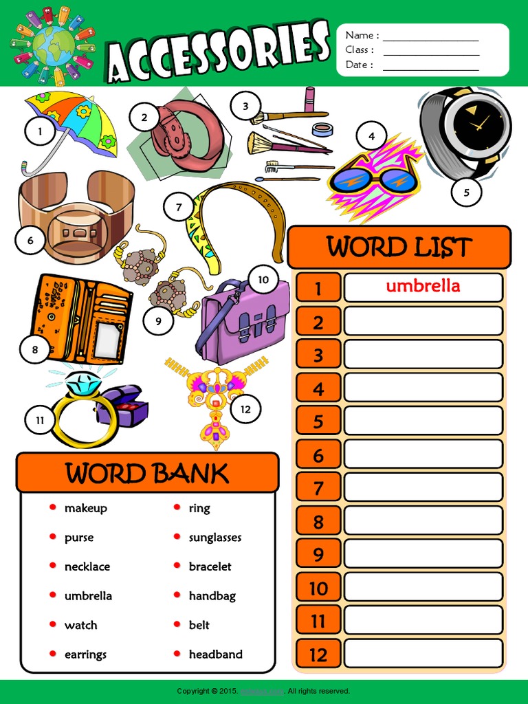 Accessories Esl Vocabulary Find and Write The Words Worksheet For Kids ...
