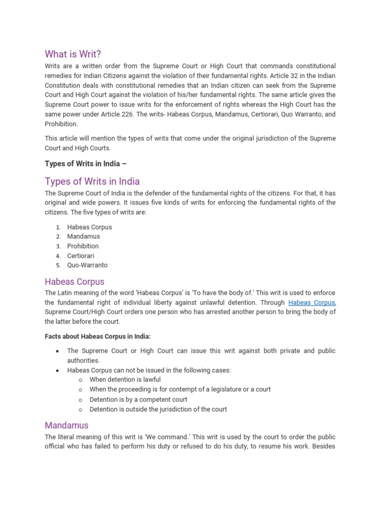 What Is Writ?: Types of Writs in India | PDF | Habeas Corpus | Mandamus